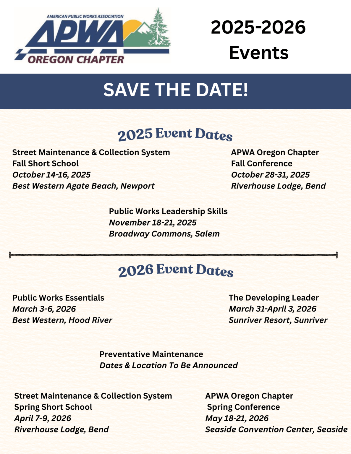 Upcoming Events – Save the Dates – APWA Oregon Chapter